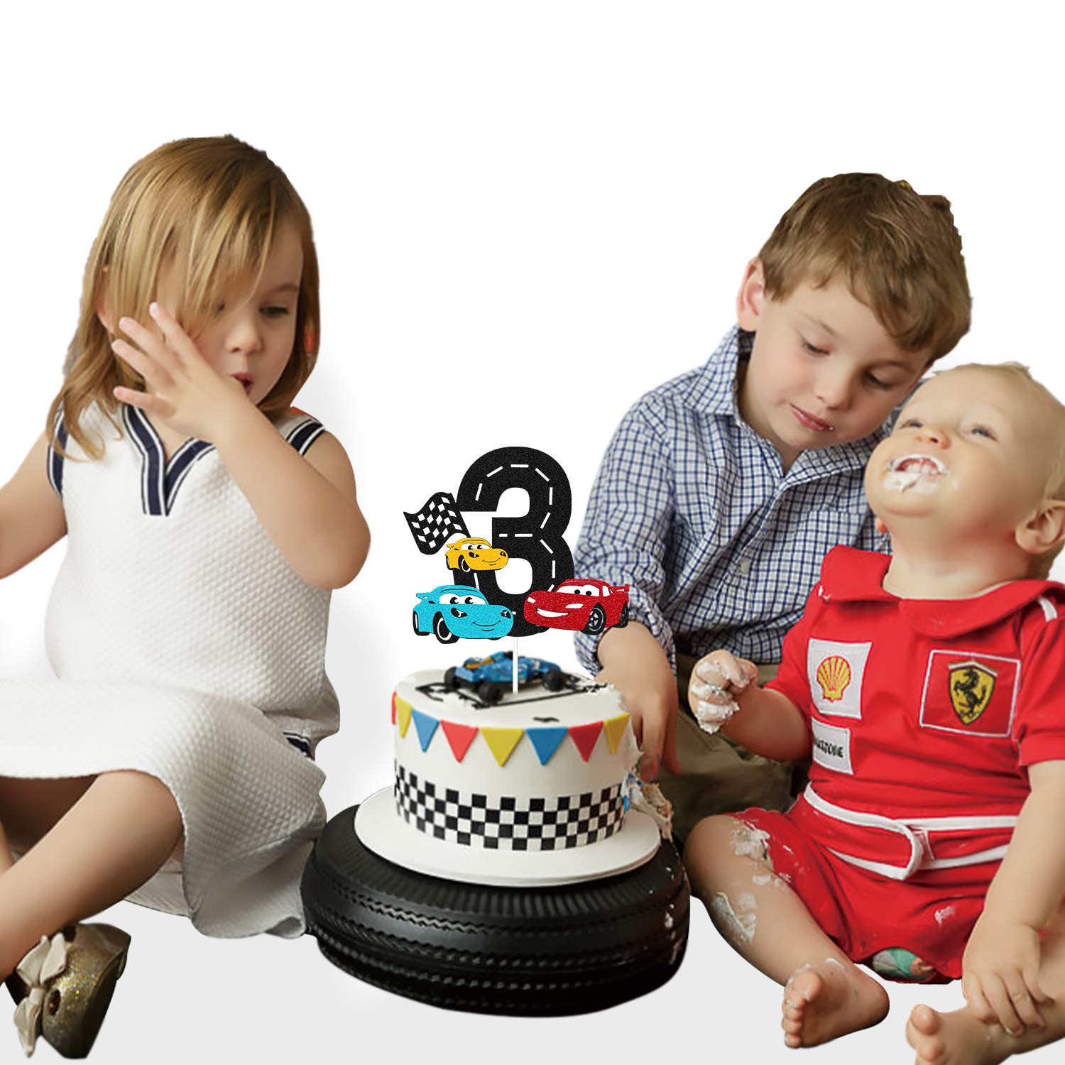 Race Car 3rd Cake Topper for Racing Car Checkered Flag Themed Kids Boy Girl 3th Years Old Happy Birthday Party Supplies Double Sided