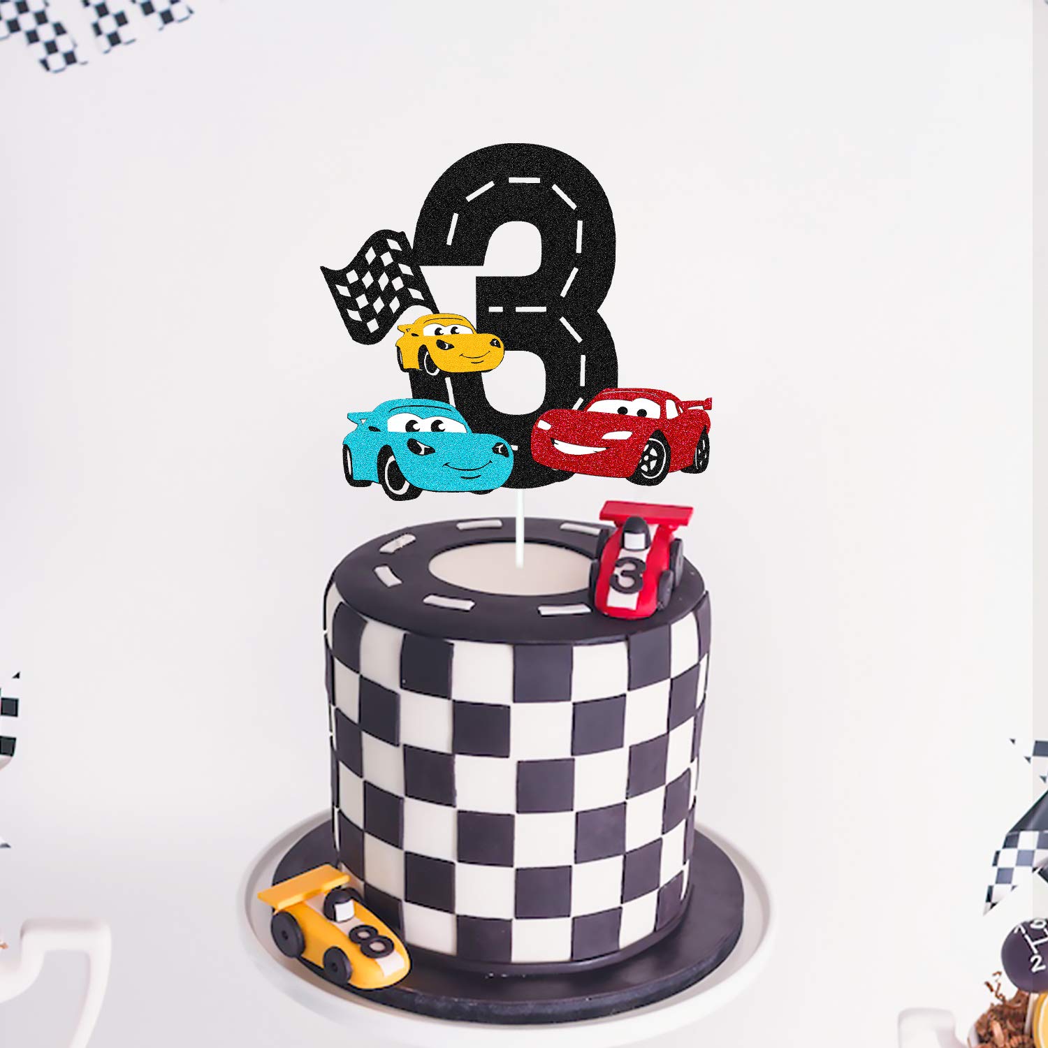 Race Car 3rd Cake Topper for Racing Car Checkered Flag Themed Kids Boy Girl 3th Years Old Happy Birthday Party Supplies Double Sided