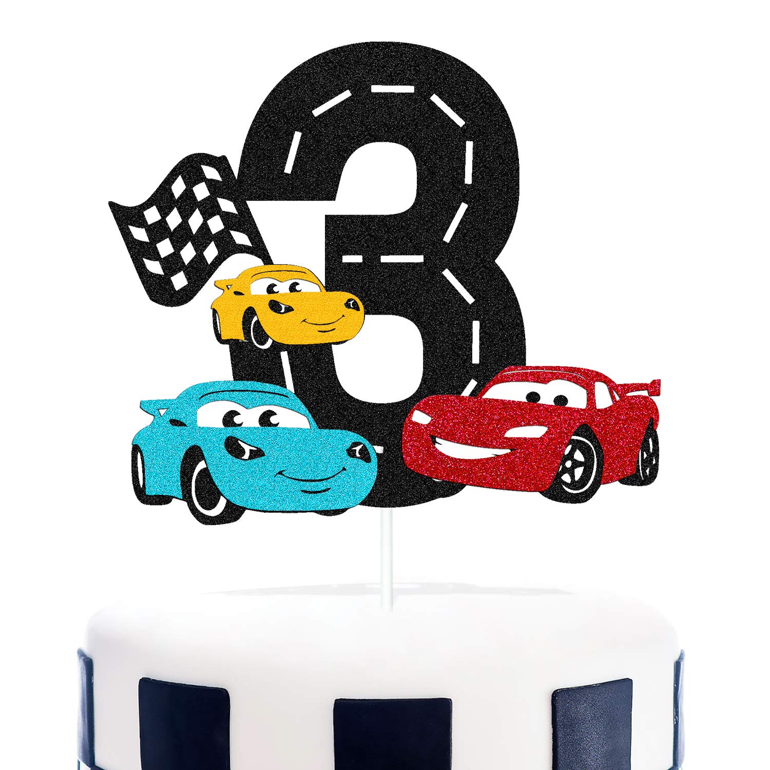 Race Car 3rd Cake Topper for Racing Car Checkered Flag Themed Kids Boy Girl 3th Years Old Happy Birthday Party Supplies Double Sided