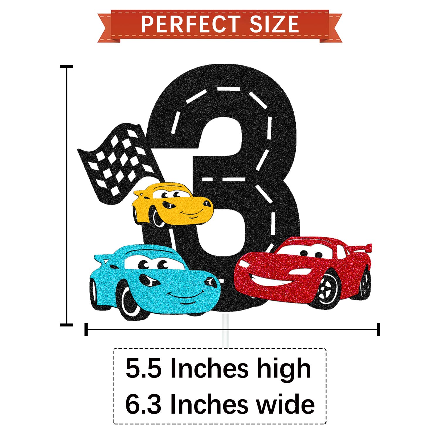 Race Car 3rd Cake Topper for Racing Car Checkered Flag Themed Kids Boy Girl 3th Years Old Happy Birthday Party Supplies Double Sided