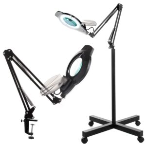 kirkas 10x magniyfing floor lamp with 4 wheel rolling base for estheticians 2,200 lumens led magnifier lighted glass lens, adjustable stand & swivel arm floor lamp for reading, crafts, tasks