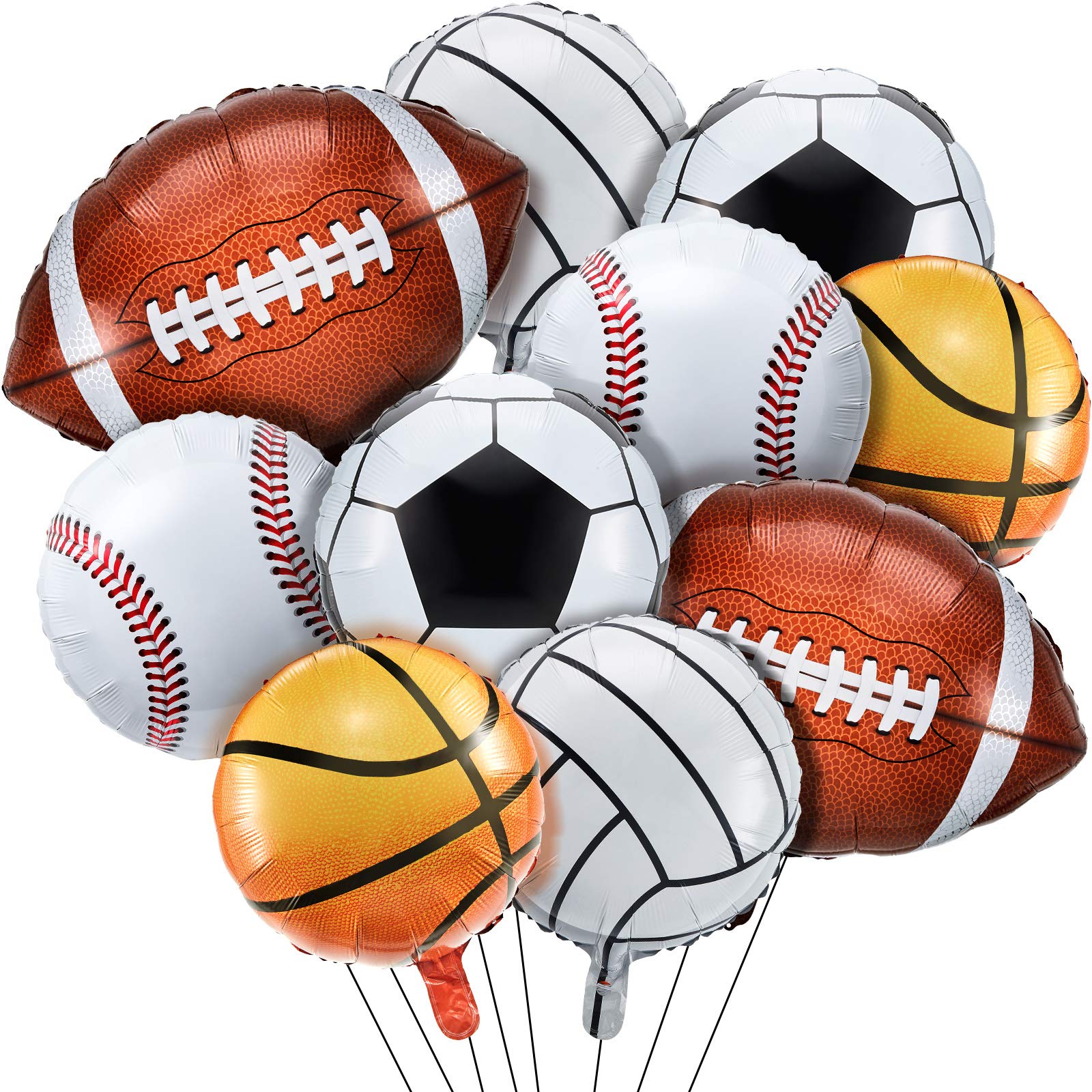 10 Pieces Sports Themed Foil Balloons Basketball, Baseball, Football, Volleyball and Soccer Foil Balloon Birthday Party Sports Balloon for Baby Shower Sports Themed Party Decoration Supplies