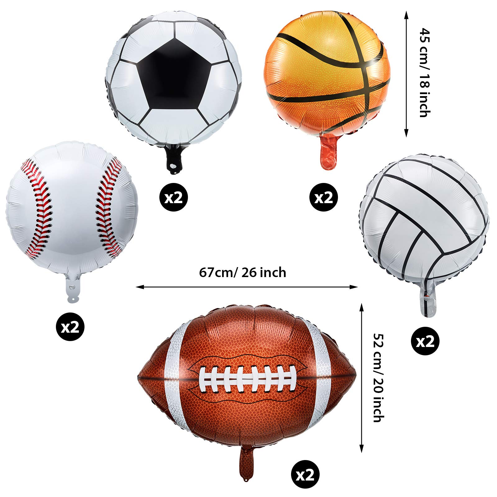 10 Pieces Sports Themed Foil Balloons Basketball, Baseball, Football, Volleyball and Soccer Foil Balloon Birthday Party Sports Balloon for Baby Shower Sports Themed Party Decoration Supplies