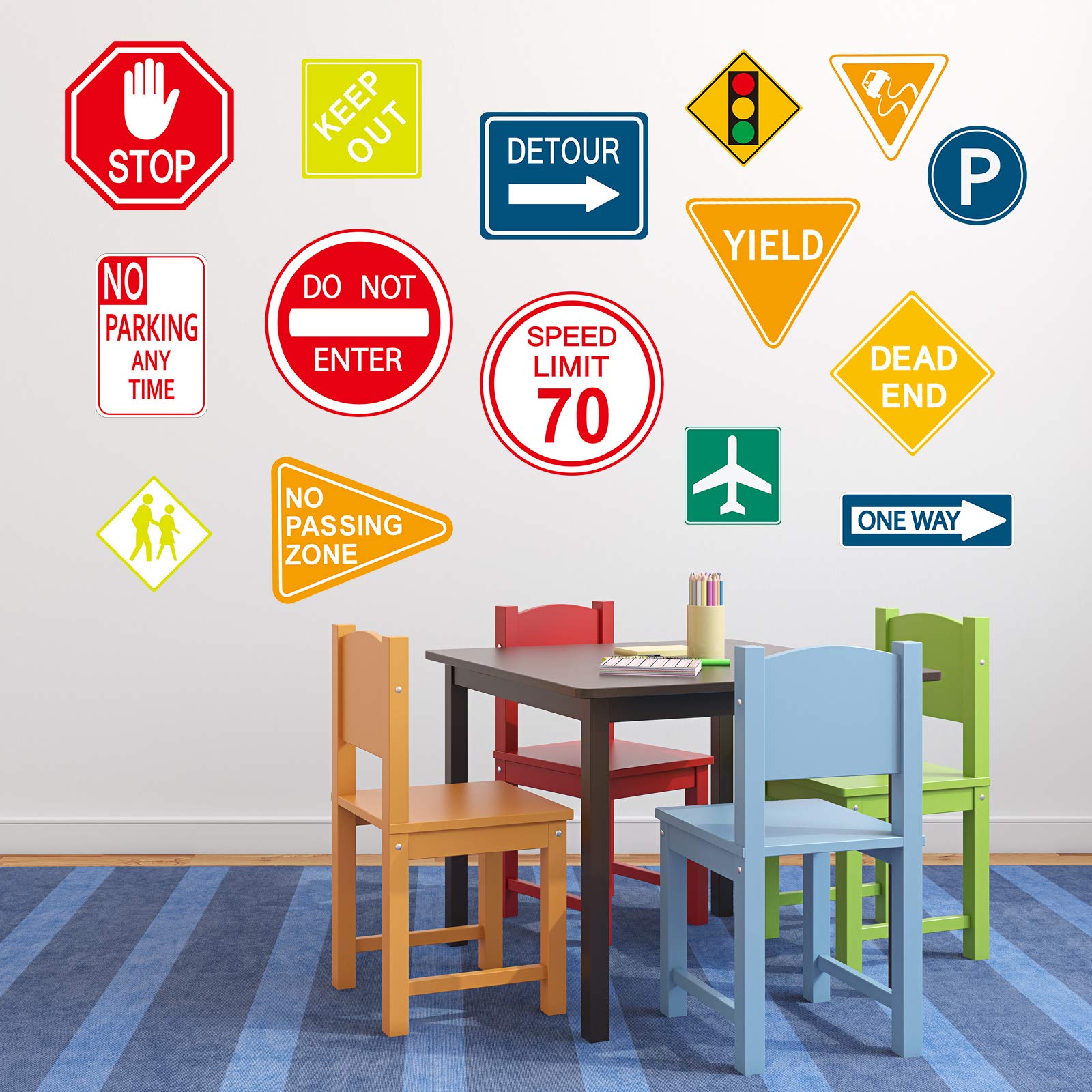 15 Pieces Road Signs Wall Decal Traffic Sign Stickers Street Signs Decals Stop Street Transportation Signs Vinyl Wall Decals for Kids Bedroom Classroom Playroom Birthday Decor