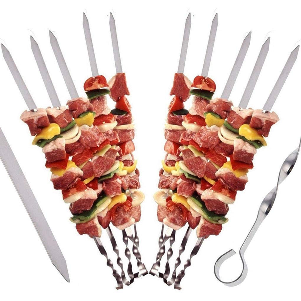 Goeielewe 10PCS Stainless Steel Barbecue Skewers, Flat Metal Grilling Skewers Wider Thicker Reusable BBQ Needle Sticks 15-Inch Grilling Skewers for Outings Cooking Tools