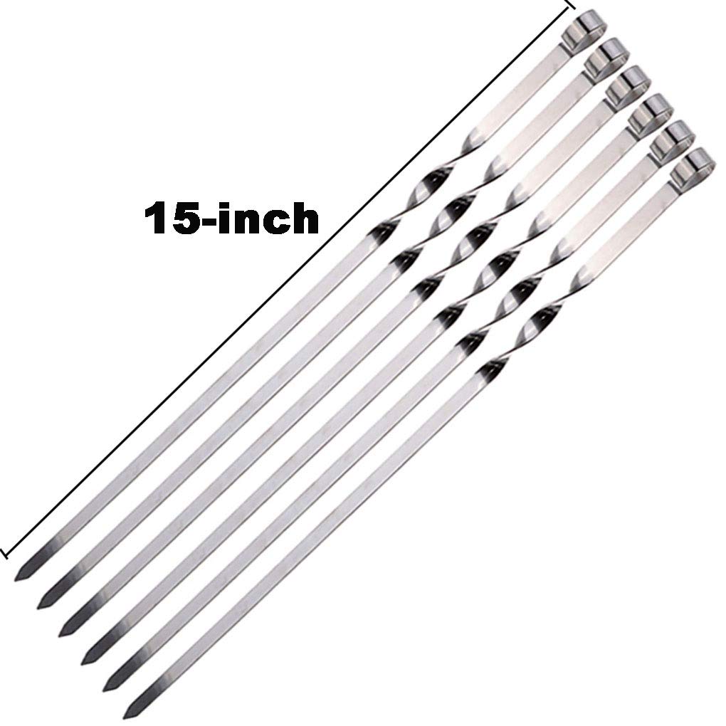 Goeielewe 10PCS Stainless Steel Barbecue Skewers, Flat Metal Grilling Skewers Wider Thicker Reusable BBQ Needle Sticks 15-Inch Grilling Skewers for Outings Cooking Tools