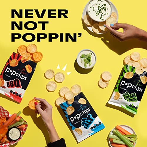 Popchips Potato Chips Variety Pack, Sea Salt, BBQ, Sour Cream & Onion, 12ct Single Serve 0.8oz Bags, Gluten Free, Salty Snacks for Adults and Children, Non-GMO & Kosher, 100 Calories Per Bag