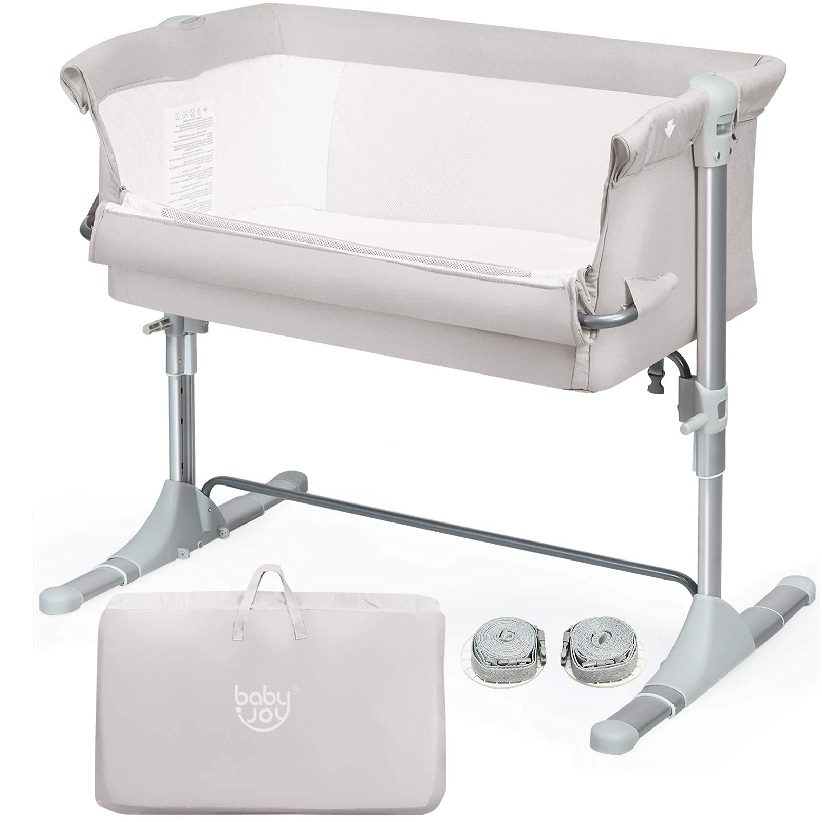 BABY JOY Bedside Bassinet, Co Sleeper Portable Crib w/Travel Bag, Detachable & Washable Mattress, Breathable Mesh, Newborn Infant Baby Bed, Height & Angle Adjustable, (Beige)