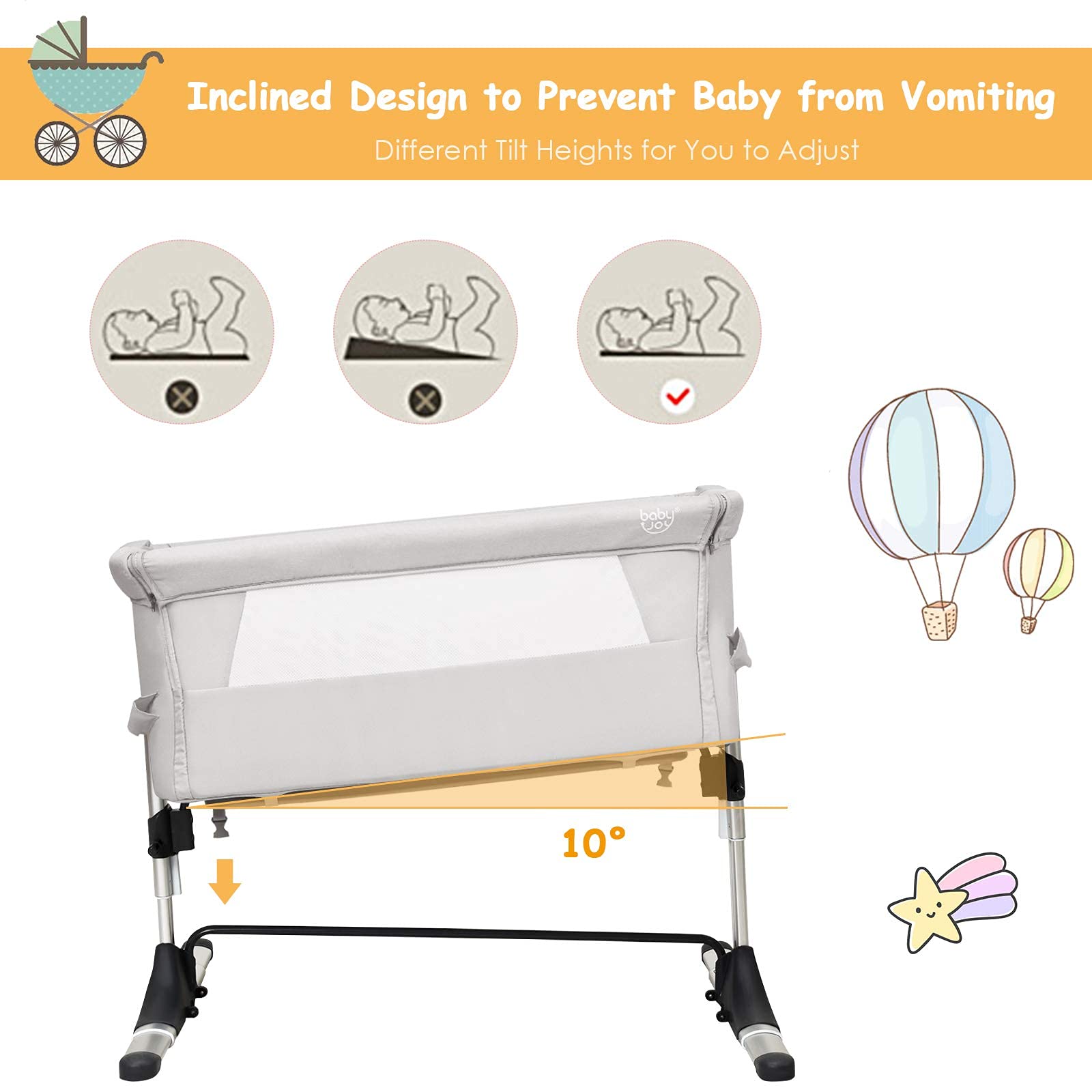 BABY JOY Bedside Bassinet, Co Sleeper Portable Crib w/Travel Bag, Detachable & Washable Mattress, Breathable Mesh, Newborn Infant Baby Bed, Height & Angle Adjustable, (Beige)