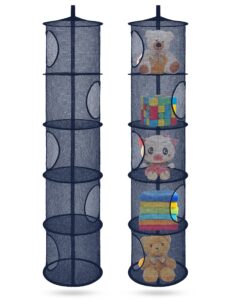 libeder stuffed animal storage mesh hanging storage space saver bags organizer,foldable storage organizer 5 compartments toy storage basket for kids room bathroom 2 sets navy blue