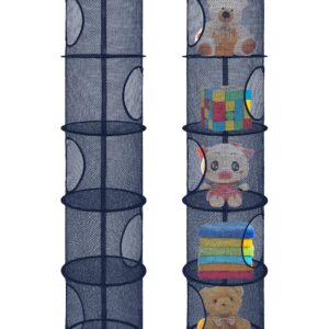 Libeder Stuffed Animal Storage Mesh Hanging Storage Space Saver Bags Organizer,Foldable Storage Organizer 5 Compartments Toy Storage Basket for Kids Room Bathroom 2 Sets Navy Blue