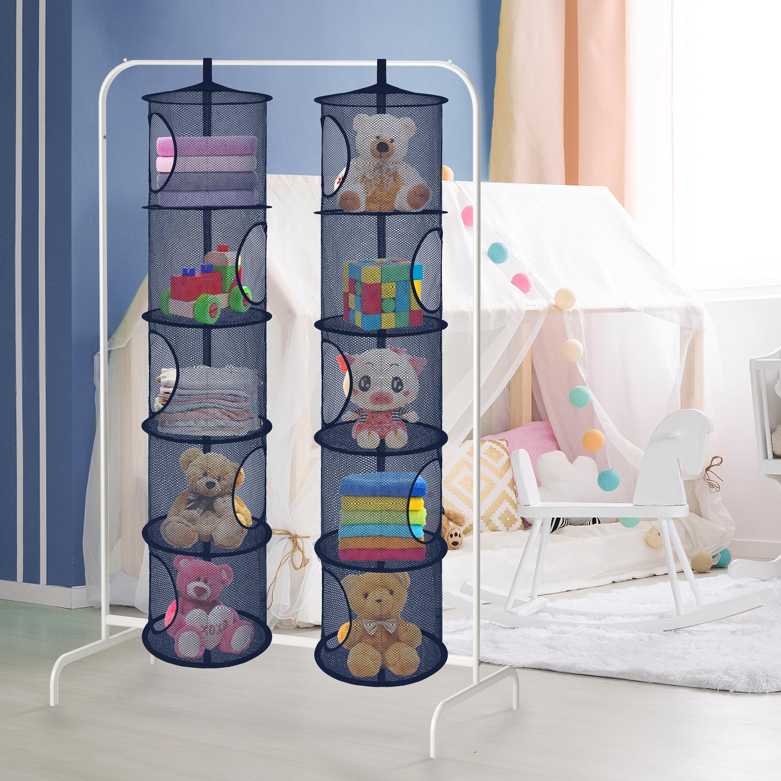 Libeder Stuffed Animal Storage Mesh Hanging Storage Space Saver Bags Organizer,Foldable Storage Organizer 5 Compartments Toy Storage Basket for Kids Room Bathroom 2 Sets Navy Blue