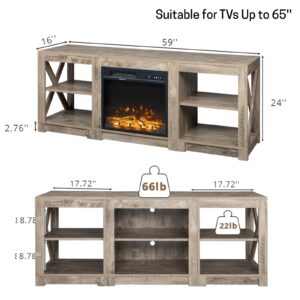 VINGLI Fireplace TV Stand with LED Lights for TVs Up to 65 Inch, Farmhouse Modern Entertainment Center (Gray Oak, 59'' x 16'' x 24'', Comes in 2 Boxes)