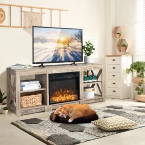 VINGLI Fireplace TV Stand with LED Lights for TVs Up to 65 Inch, Farmhouse Modern Entertainment Center (Gray Oak, 59'' x 16'' x 24'', Comes in 2 Boxes)