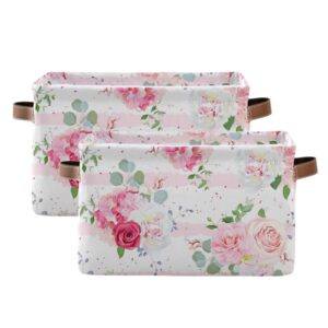 square storage basket pink rose flowers storage bins canvas storage organizer closet shelf organizer for home office, 2 pc