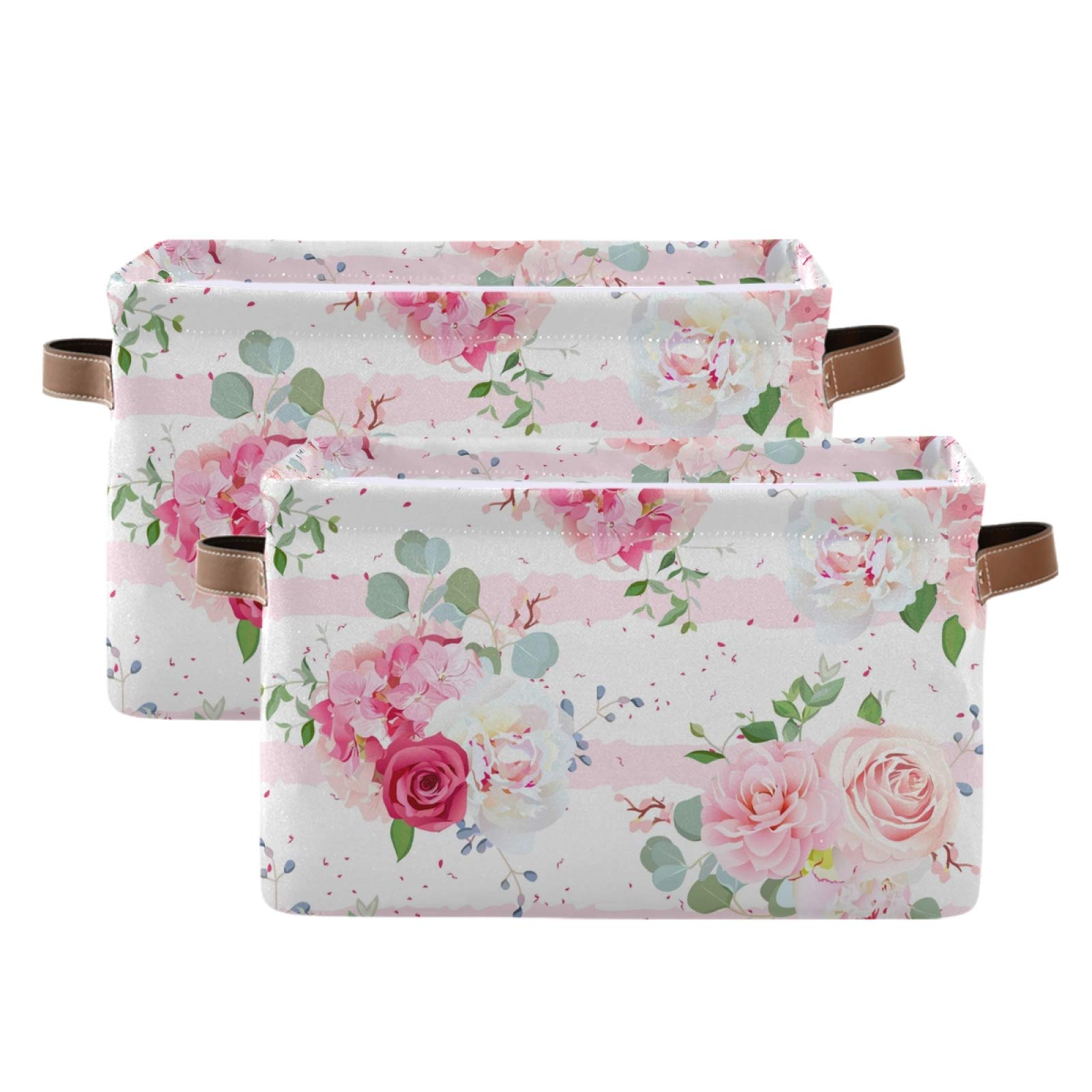 Square Storage Basket Pink Rose Flowers Storage Bins Canvas Storage Organizer Closet Shelf Organizer for Home Office, 2 Pc