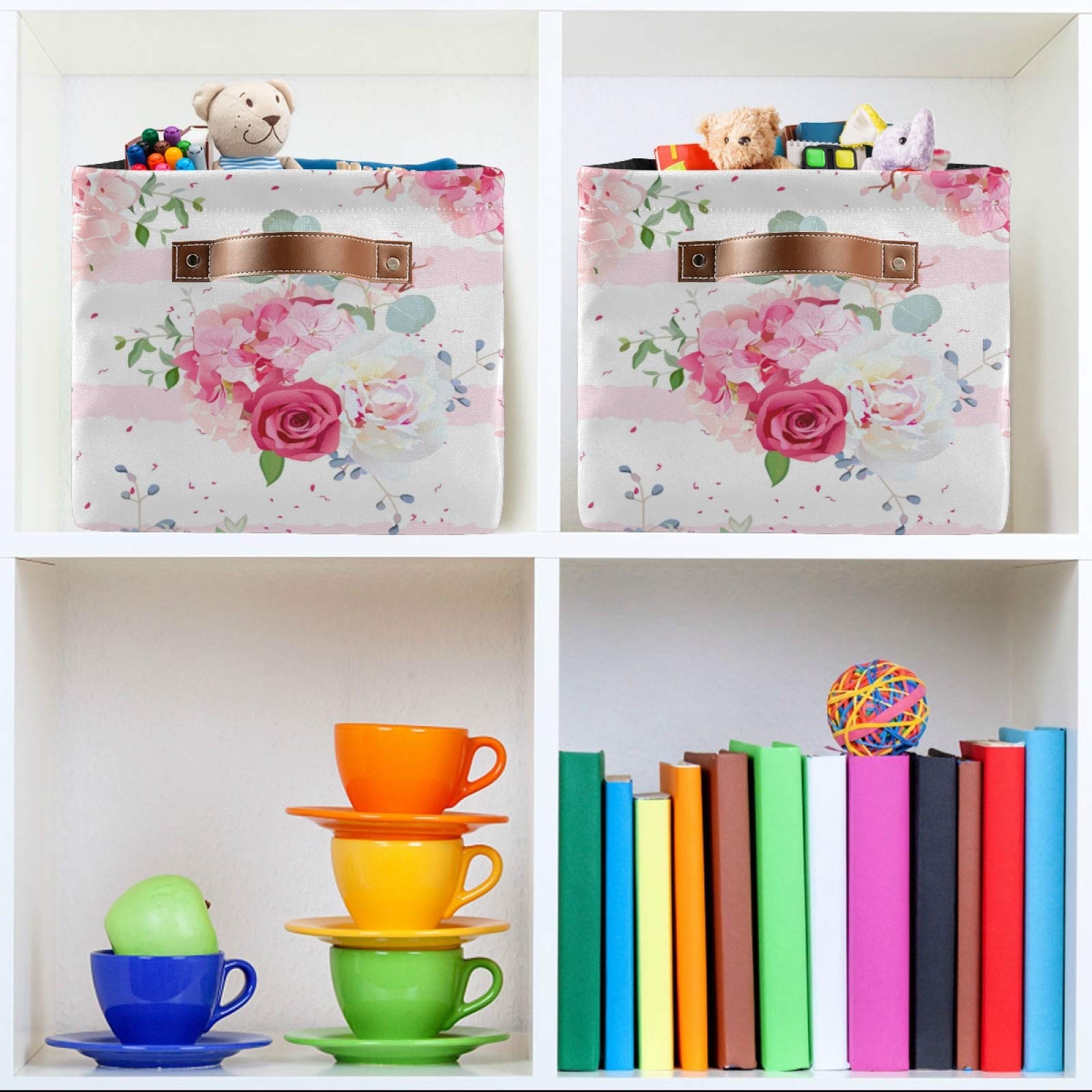 Square Storage Basket Pink Rose Flowers Storage Bins Canvas Storage Organizer Closet Shelf Organizer for Home Office, 2 Pc