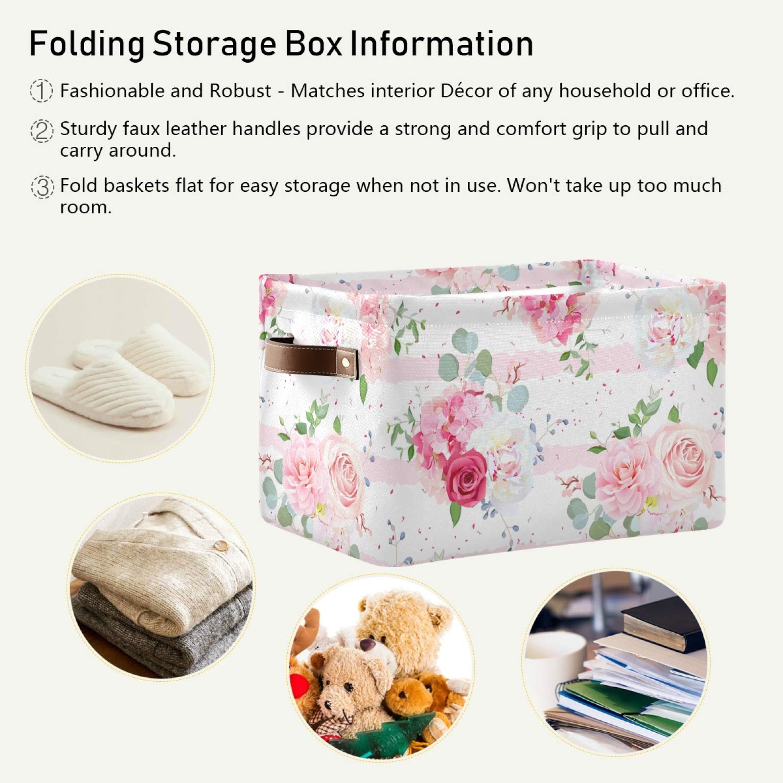 Square Storage Basket Pink Rose Flowers Storage Bins Canvas Storage Organizer Closet Shelf Organizer for Home Office, 2 Pc