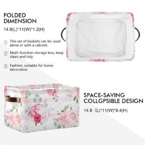 Square Storage Basket Pink Rose Flowers Storage Bins Canvas Storage Organizer Closet Shelf Organizer for Home Office, 2 Pc