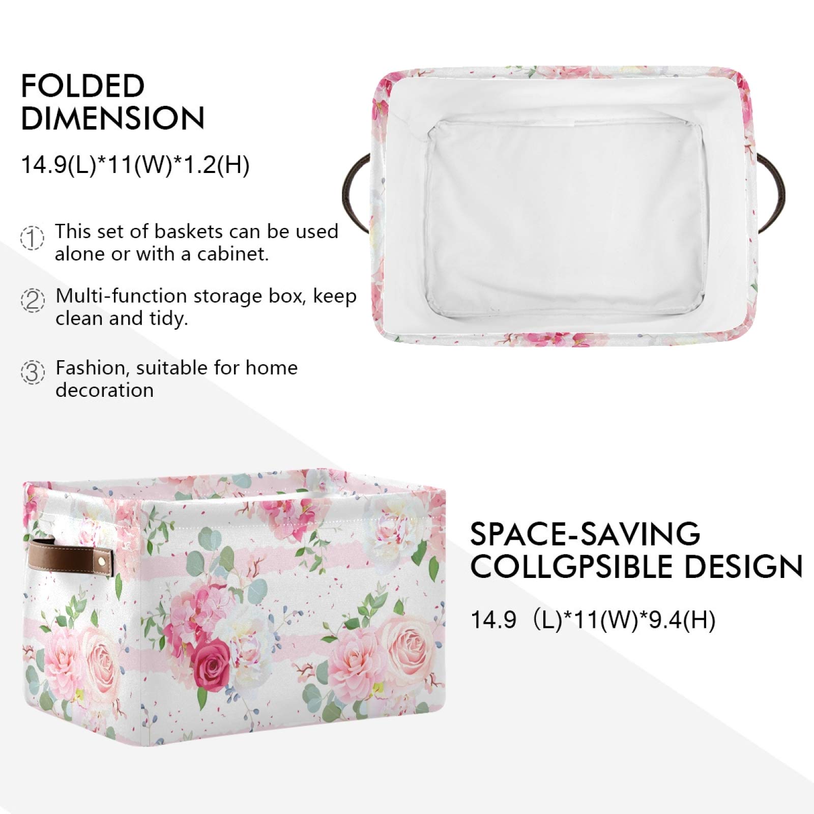 Square Storage Basket Pink Rose Flowers Storage Bins Canvas Storage Organizer Closet Shelf Organizer for Home Office, 2 Pc