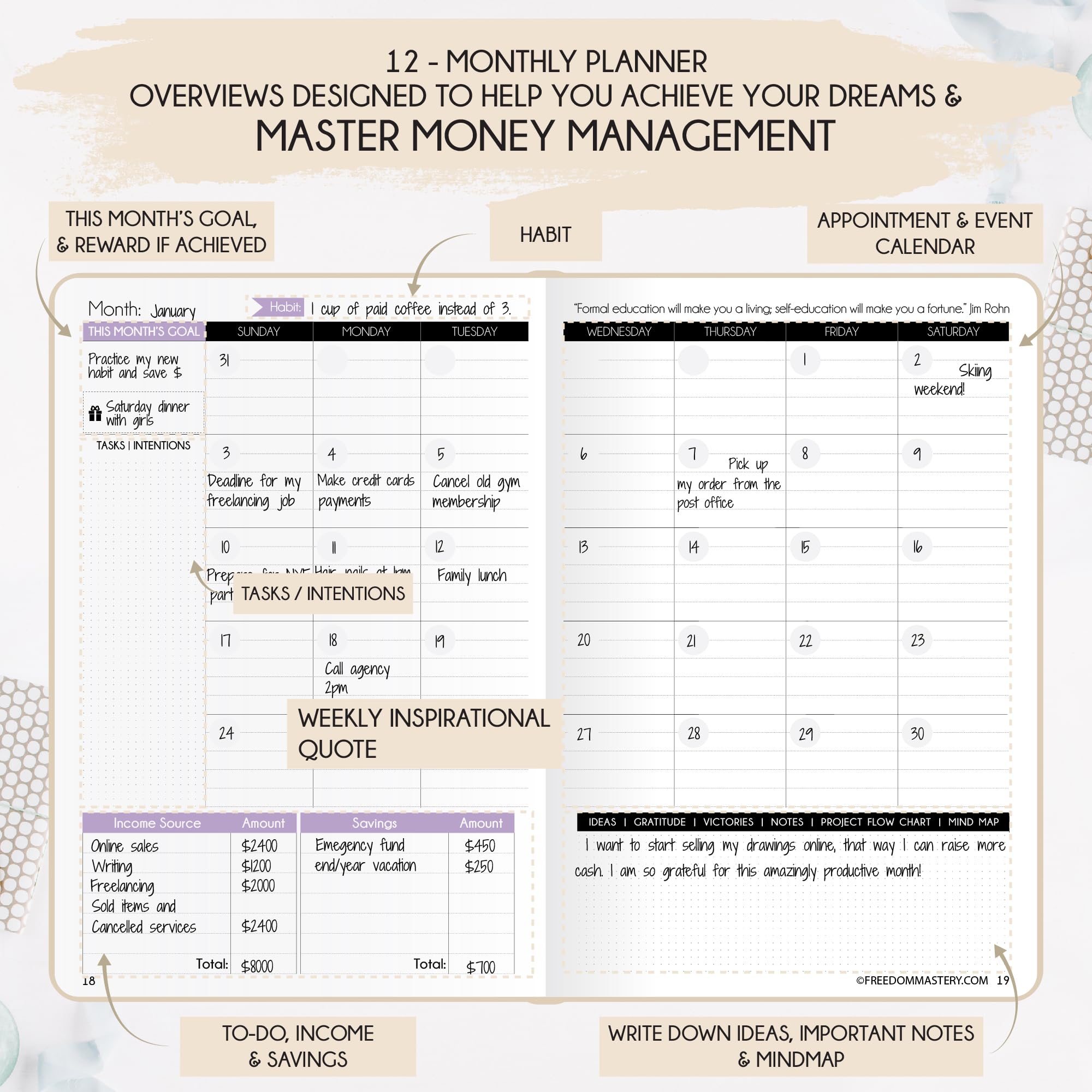 Financial Planner, Monthly Budget Planner and Monthly Bill Organizer - 12 Month Journey to Financial Freedom, Monthly Budget Book Planner, Money Saving Book a Budgeting Planner or Finance Planner