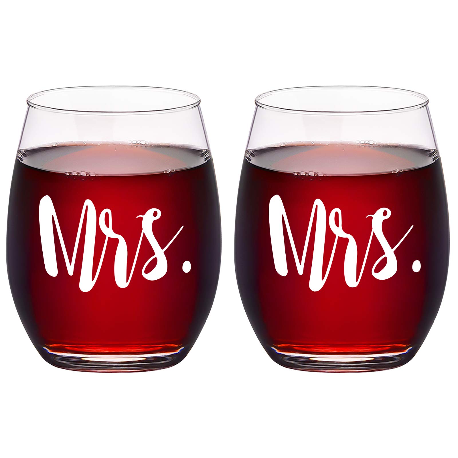 Modwnfy Mrs and Mrs Stemless Wine Glass Set of 2, Couple Set for Her Wife Girlfriend Lesbian Couple, Unique Gift Idea for Wedding Engagement Valentine’s Day Birthday Anniversary, 15 Oz