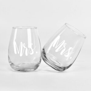 Modwnfy Mrs and Mrs Stemless Wine Glass Set of 2, Couple Set for Her Wife Girlfriend Lesbian Couple, Unique Gift Idea for Wedding Engagement Valentine’s Day Birthday Anniversary, 15 Oz