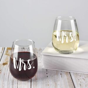 Modwnfy Mrs and Mrs Stemless Wine Glass Set of 2, Couple Set for Her Wife Girlfriend Lesbian Couple, Unique Gift Idea for Wedding Engagement Valentine’s Day Birthday Anniversary, 15 Oz