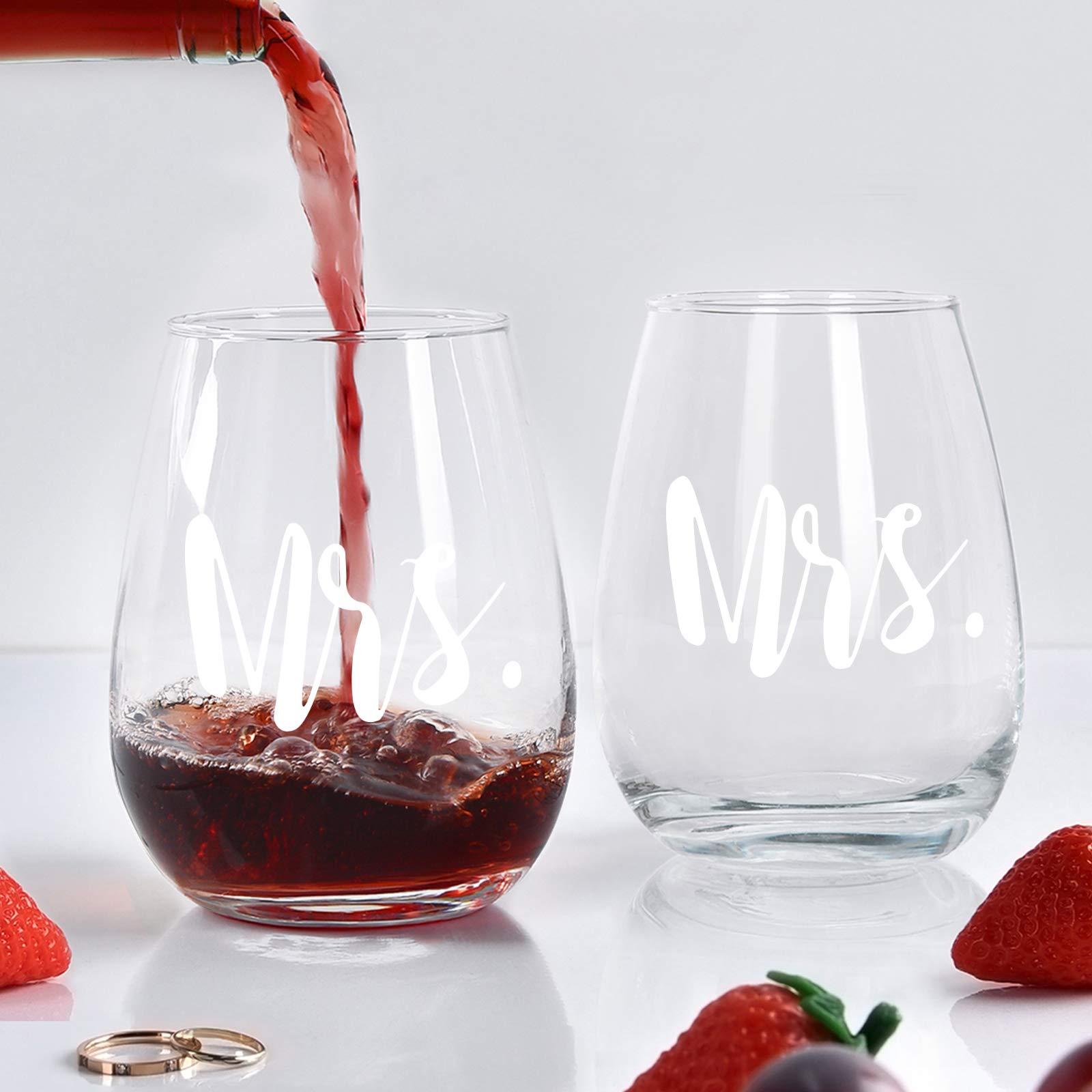 Modwnfy Mrs and Mrs Stemless Wine Glass Set of 2, Couple Set for Her Wife Girlfriend Lesbian Couple, Unique Gift Idea for Wedding Engagement Valentine’s Day Birthday Anniversary, 15 Oz