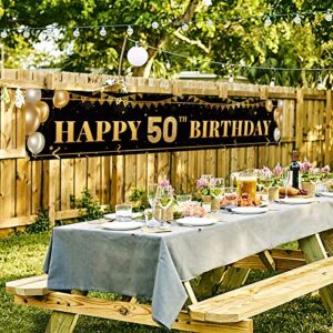 Large Happy 50th Birthday Decoration Banner, Black and Gold Happy 50th Birthday Banner Sign, 50th Birthday Party Decorations Supplies(9.8x1.6ft)