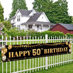 Large Happy 50th Birthday Decoration Banner, Black and Gold Happy 50th Birthday Banner Sign, 50th Birthday Party Decorations Supplies(9.8x1.6ft)