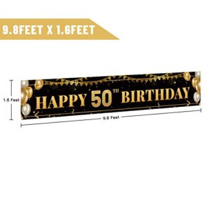 Large Happy 50th Birthday Decoration Banner, Black and Gold Happy 50th Birthday Banner Sign, 50th Birthday Party Decorations Supplies(9.8x1.6ft)