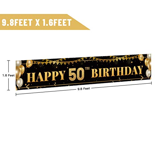 Large Happy 50th Birthday Decoration Banner, Black and Gold Happy 50th Birthday Banner Sign, 50th Birthday Party Decorations Supplies(9.8x1.6ft)