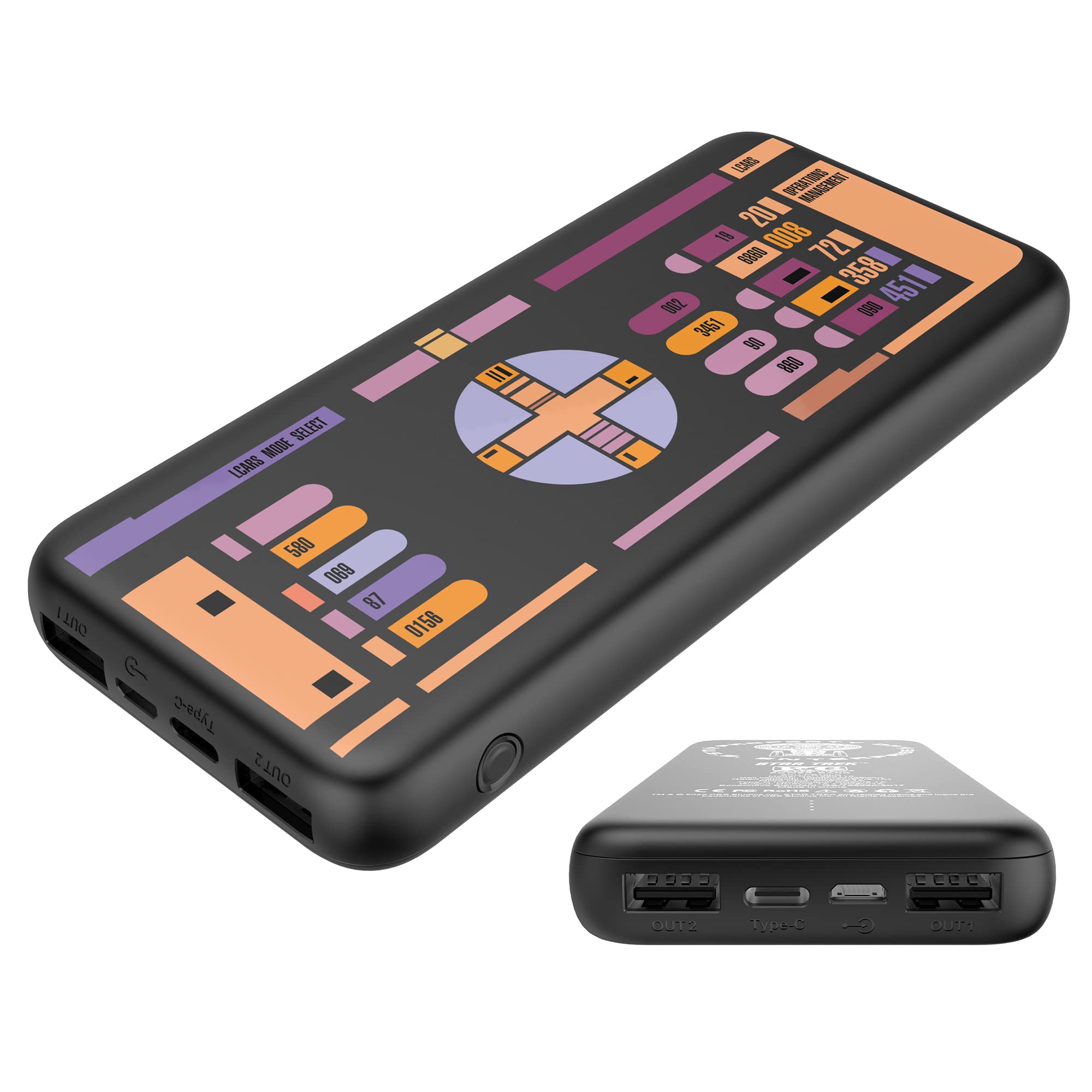 Star Trek Phone Charger | Slim Pocket Sized 10,000mAh Power Bank with TNG LCARS Design, 3 USB Outputs, 2.1A & 1A, Charges Three Devices, USB-A and Type-C Charging, Phone and Tablet Backup Battery