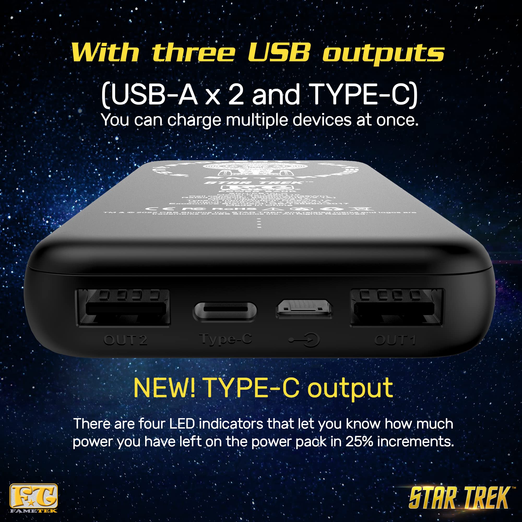 Star Trek Phone Charger | Slim Pocket Sized 10,000mAh Power Bank with TNG LCARS Design, 3 USB Outputs, 2.1A & 1A, Charges Three Devices, USB-A and Type-C Charging, Phone and Tablet Backup Battery