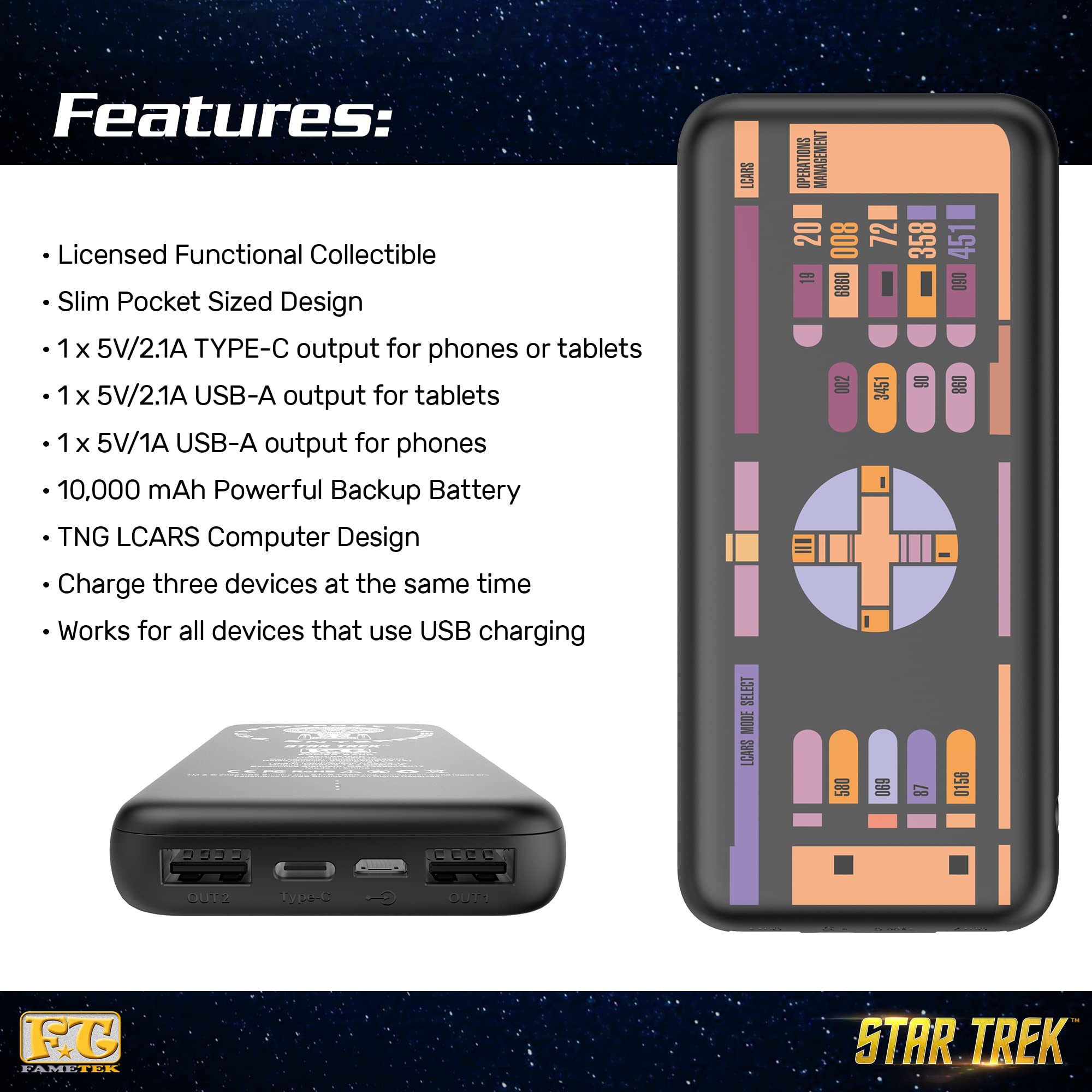 Star Trek Phone Charger | Slim Pocket Sized 10,000mAh Power Bank with TNG LCARS Design, 3 USB Outputs, 2.1A & 1A, Charges Three Devices, USB-A and Type-C Charging, Phone and Tablet Backup Battery