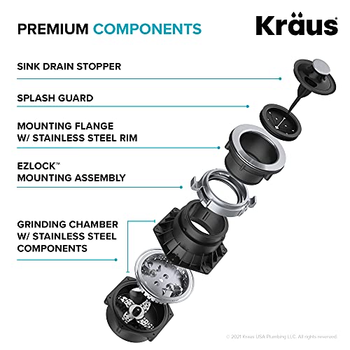 Kraus KWD100-75MBL WasteGuard Continuous Feed Garbage Disposal with 3/4 Horsepower Ultra-Quiet Motor for Kitchen Sinks with Power Cord and Flange Included, 15.25 inch, Black