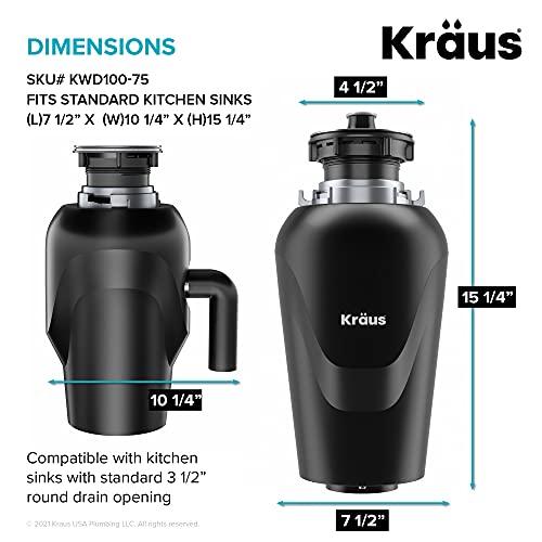 Kraus KWD100-75MBL WasteGuard Continuous Feed Garbage Disposal with 3/4 Horsepower Ultra-Quiet Motor for Kitchen Sinks with Power Cord and Flange Included, 15.25 inch, Black