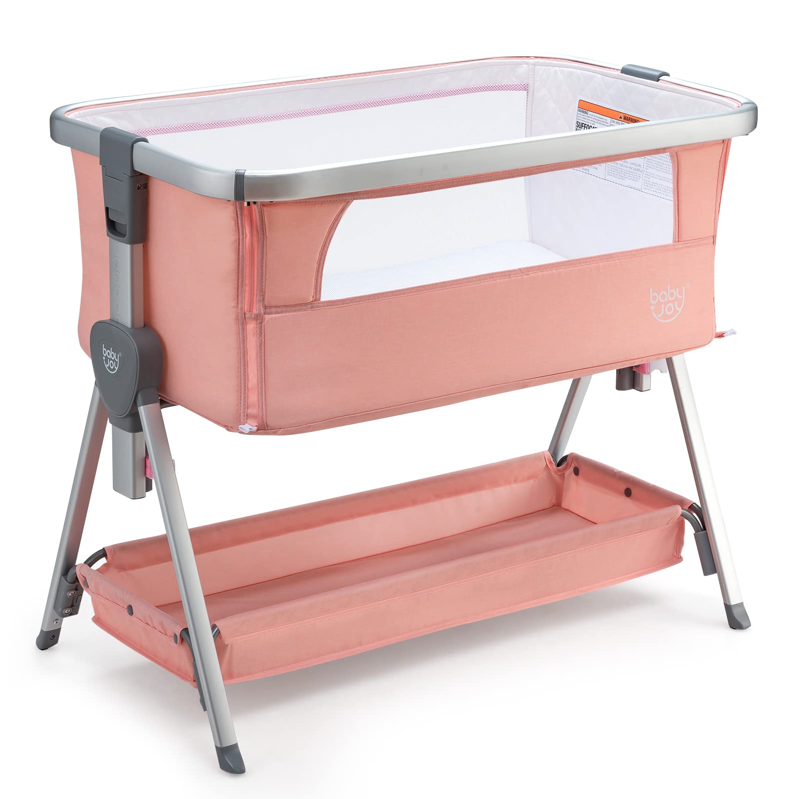 BABY JOY Bedside Bassinet, Portable Baby Crib w/Mattress, Two-Side Breathable Mesh, 7 Height Adjustable, Large Storage, Wheels for Easy Movement, Crib for Newborn Infant, Bassinet for Baby, Pink