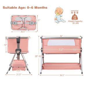 BABY JOY Bedside Bassinet, Portable Baby Crib w/Mattress, Two-Side Breathable Mesh, 7 Height Adjustable, Large Storage, Wheels for Easy Movement, Crib for Newborn Infant, Bassinet for Baby, Pink