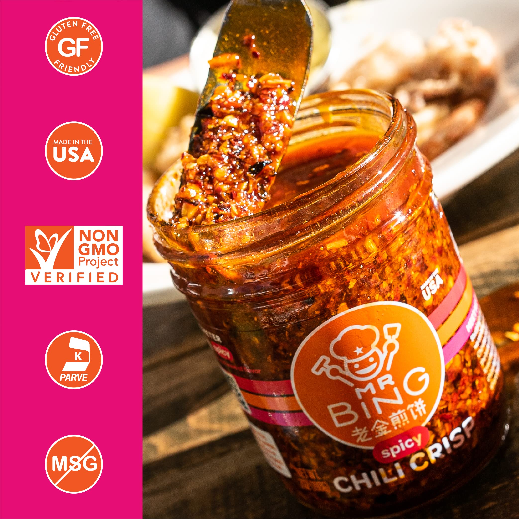 Mr. Bing Chili Crisp | Spicy - Delicious, Flavorful & Crunchy Chili Oil - Made in USA Chili Paste Hot Sauce - Gluten Free, Vegan, No MSG, Non-GMO Oil - (7 oz.)