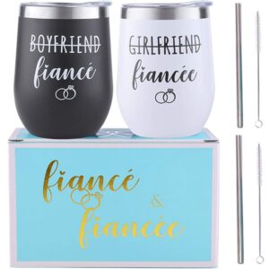 fiancé & fiancée engagement gift set for couples - girlfriend and boyfriend 12 oz stainless steel wine tumbler/cup/mug/glass bridal shower/bachelorette party (12 oz, fiancé & fiancée - black & white)