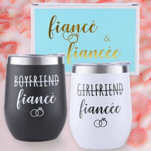 Fiancé & Fiancée Engagement Gift Set for Couples - Girlfriend and Boyfriend 12 oz Stainless Steel Wine Tumbler/Cup/Mug/Glass Bridal Shower/Bachelorette Party (12 oz, Fiancé & Fiancée - Black & White)