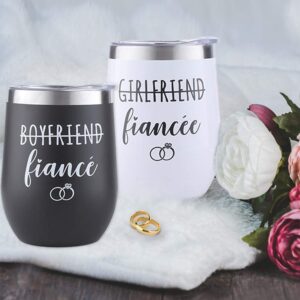 Fiancé & Fiancée Engagement Gift Set for Couples - Girlfriend and Boyfriend 12 oz Stainless Steel Wine Tumbler/Cup/Mug/Glass Bridal Shower/Bachelorette Party (12 oz, Fiancé & Fiancée - Black & White)