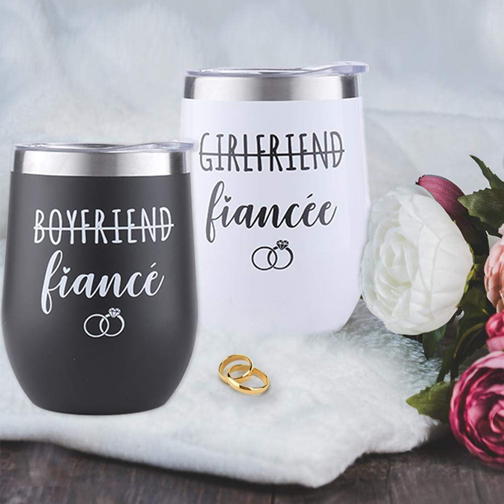 Fiancé & Fiancée Engagement Gift Set for Couples - Girlfriend and Boyfriend 12 oz Stainless Steel Wine Tumbler/Cup/Mug/Glass Bridal Shower/Bachelorette Party (12 oz, Fiancé & Fiancée - Black & White)