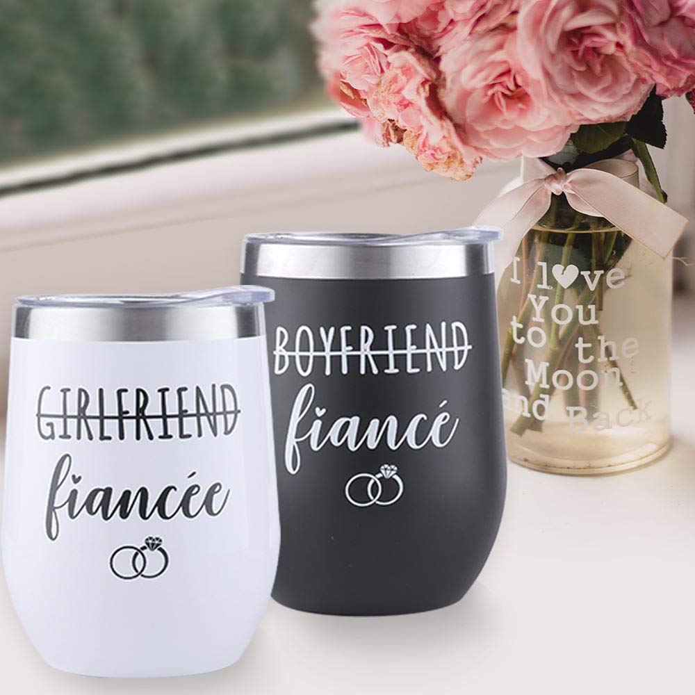 Fiancé & Fiancée Engagement Gift Set for Couples - Girlfriend and Boyfriend 12 oz Stainless Steel Wine Tumbler/Cup/Mug/Glass Bridal Shower/Bachelorette Party (12 oz, Fiancé & Fiancée - Black & White)