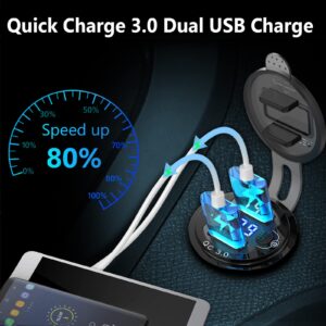 [Upgraded Version] 12V USB Outlet Dual Quick Charge 3.0, Qidoe Aluminum Socket 12V Motorcycle USB Outlet with LED Voltmeter Button Switch Waterproof 12V Car Charger for Boat Marine Moto RV Golf Cart