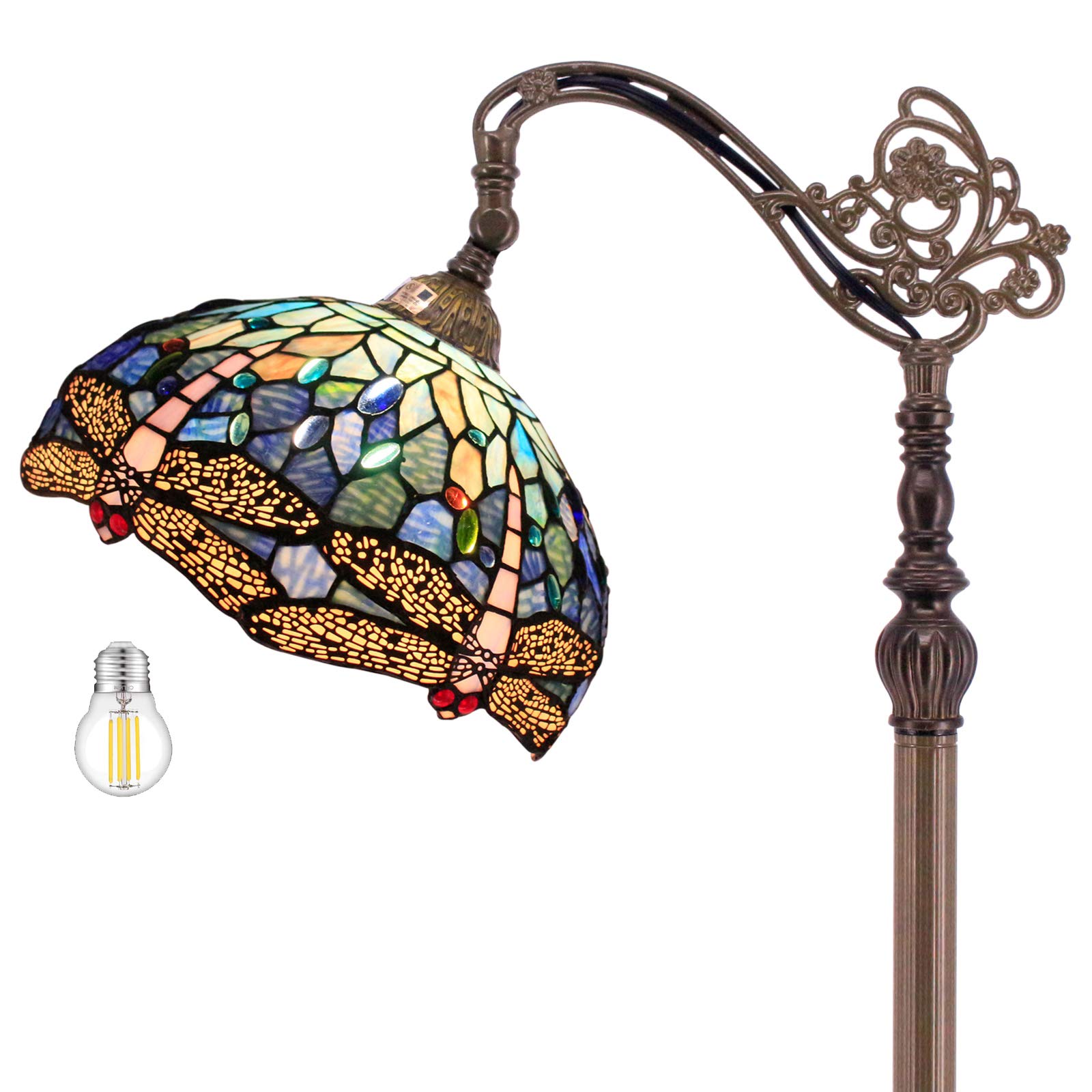 WERFACTORY Tiffany Floor Lamp Blue Stained Glass Dragonfly Arched Lamp 12X18X64 Inches Gooseneck Adjustable Corner Standing Reading Light Decor Bedroom Living Room S631 Series