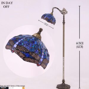 WERFACTORY Tiffany Floor Lamp Blue Stained Glass Dragonfly Arched Lamp 12X18X64 Inches Gooseneck Adjustable Corner Standing Reading Light Decor Bedroom Living Room S631 Series