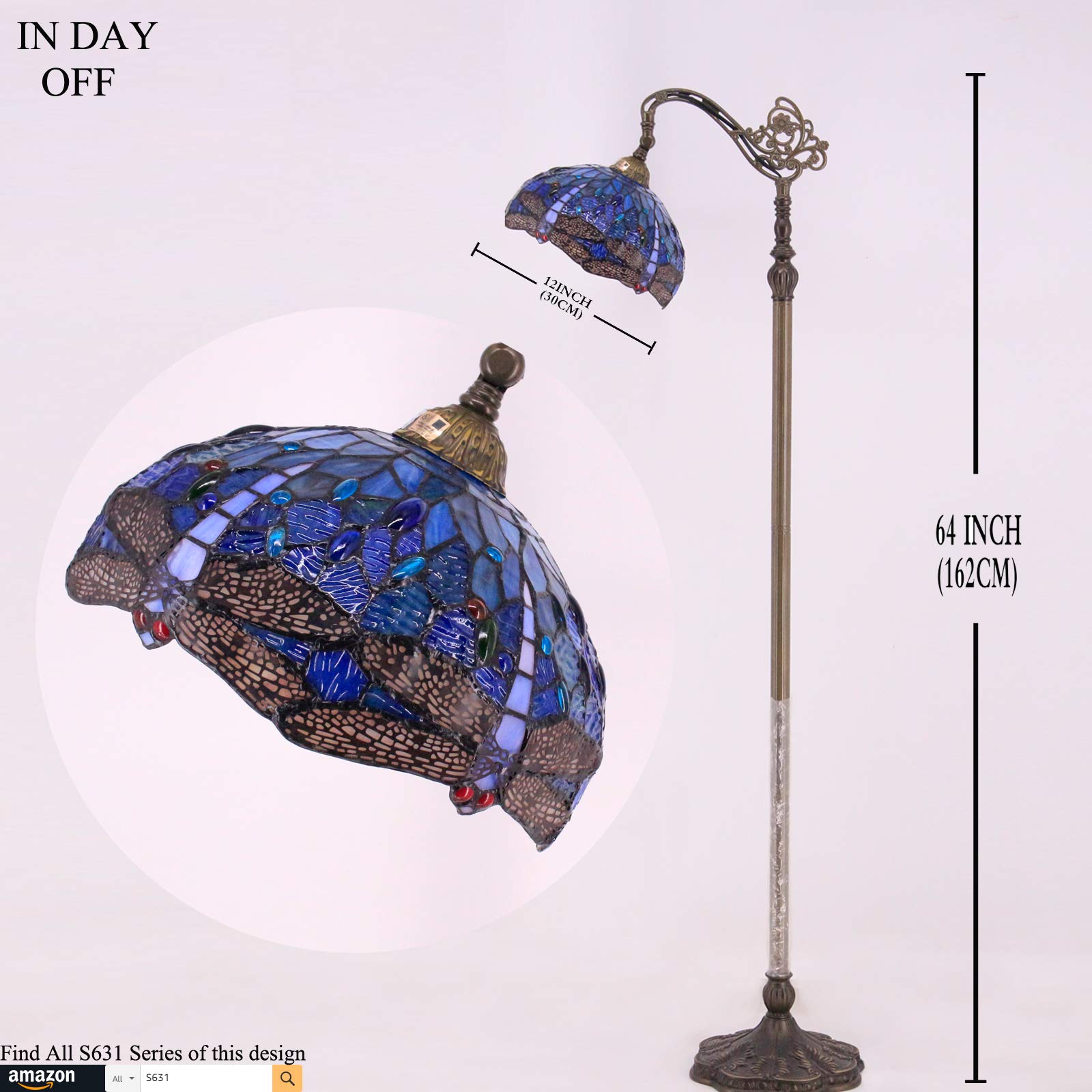 WERFACTORY Tiffany Floor Lamp Blue Stained Glass Dragonfly Arched Lamp 12X18X64 Inches Gooseneck Adjustable Corner Standing Reading Light Decor Bedroom Living Room S631 Series